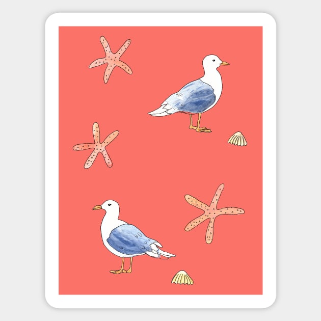 Seagull illustration with coral pink background - Seagull - Sticker ...