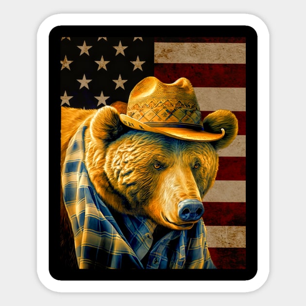 Big Bear Cowboy American Flag Country Western - Bear Art - Sticker ...