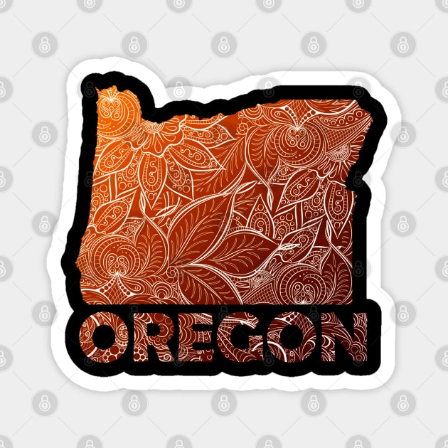 Colorful mandala art map of Oregon with text in brown and orange ...