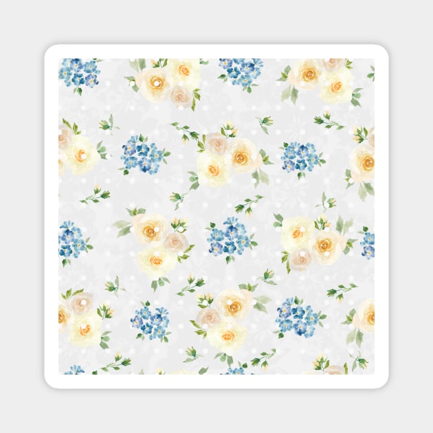 White Roses Blue Forget Me Nots Polka Dots on Grey Abstract Floral ...