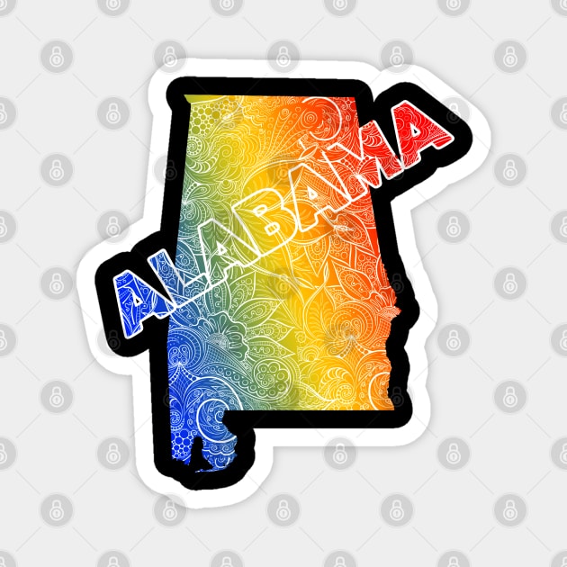 Colorful mandala art map of Alabama with text in blue, yellow, and red ...