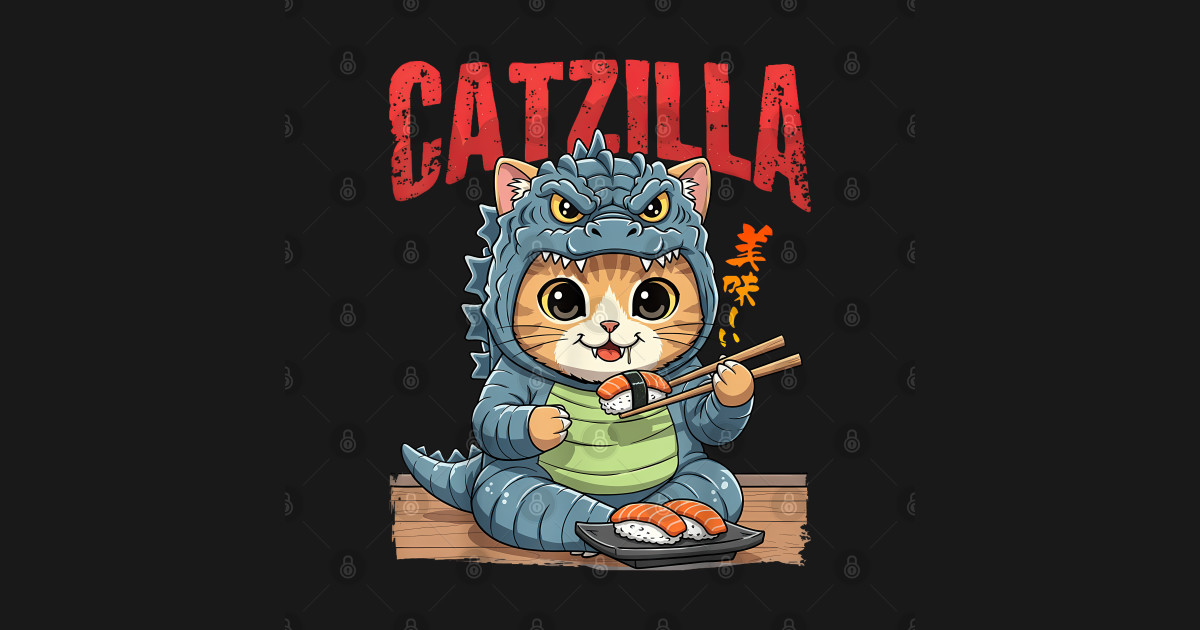 Funny Catzilla Eating Sushi Cute Cat Lover Japanese Art - Catzilla - T ...
