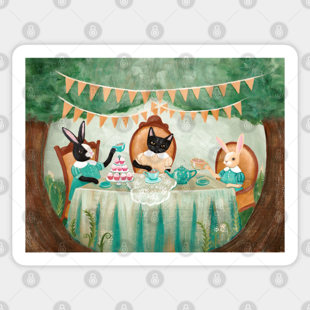 Cats and Rabbit Tea Party - Tea Party - Sticker | TeePublic