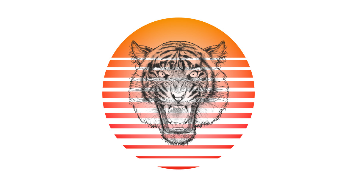 Retro Growling Tiger On A 80's Sun Background - Retro Growling Tiger ...