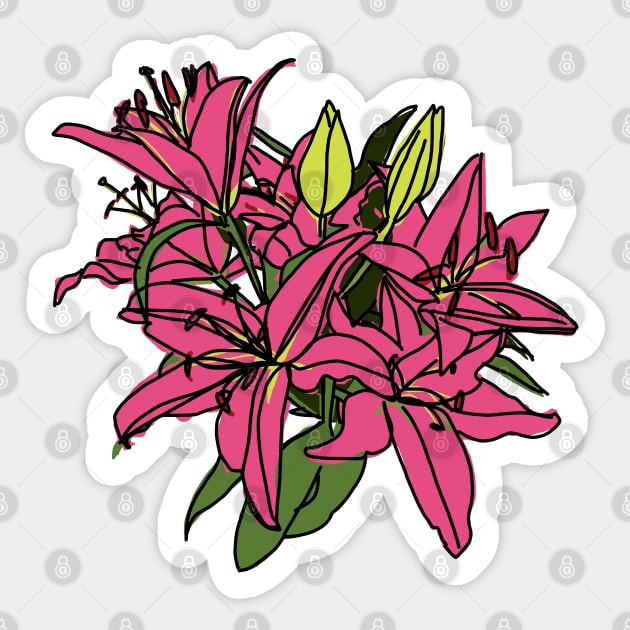 Digital Painting of Pink Lily Flowers - Lily - Sticker | TeePublic
