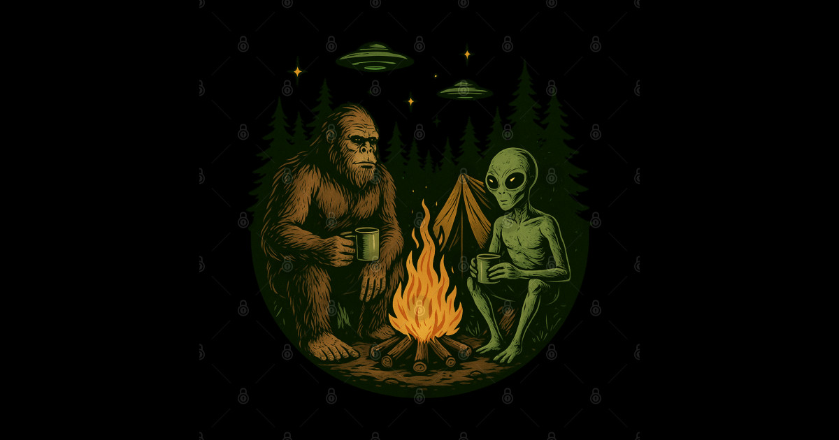 Bigfoot Alien Campfire UFO Forest Cryptid Camping - Camping - Sticker ...