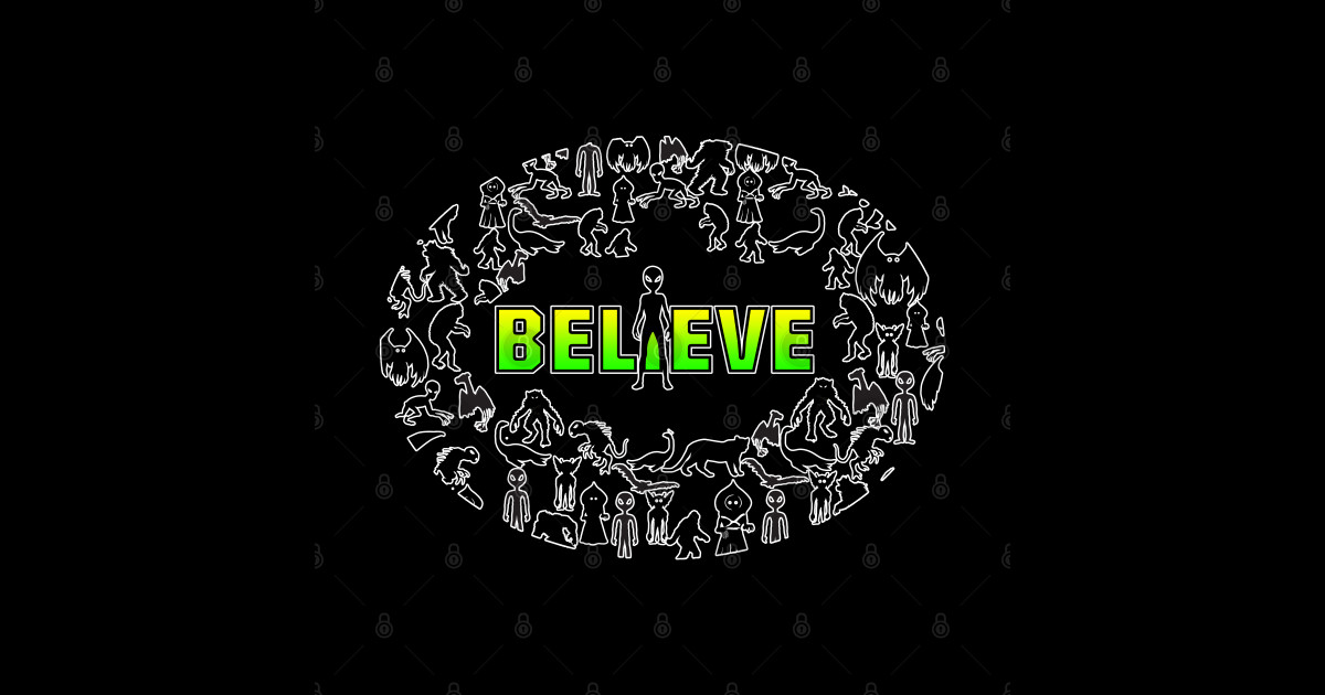 Cryptid Collage "Believe" black and multi on white - Cryptids - Pin ...