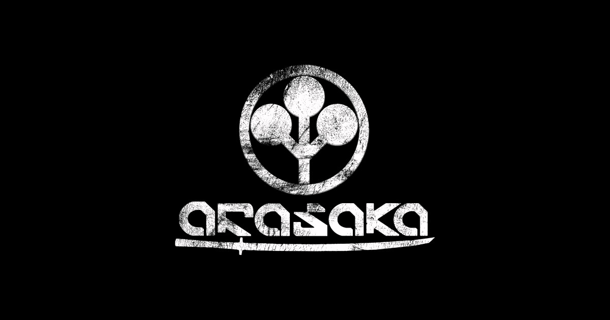 Arasaka logo distressed white with sword - Araksaka - Sticker | TeePublic