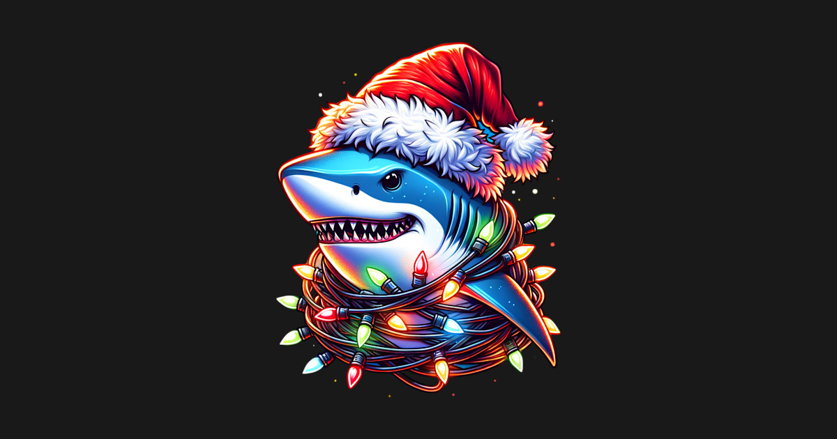 Merry sharkmas christmas shark with santa hat tangled in xmas lights ...