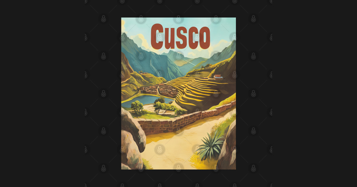 This vibrant travel poster captures the stunning scenery of Cusco, highlighting its terraced ...