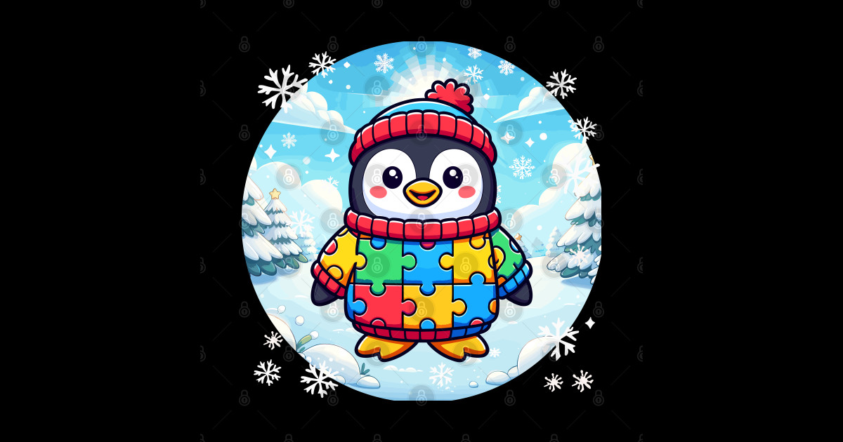 Autism Awareness Penguin With Christmas Background And Puzzle Piece ...