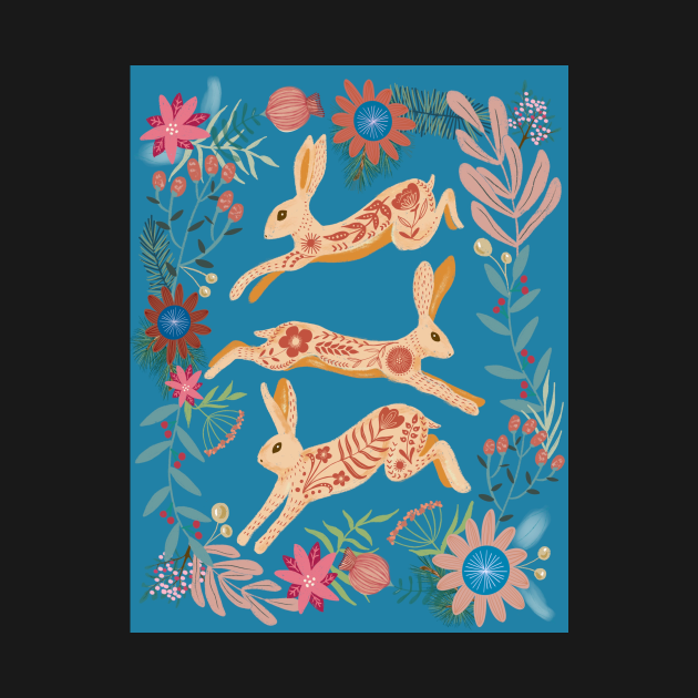 Leaping hare folk art - Leaping Hares - T-Shirt | TeePublic