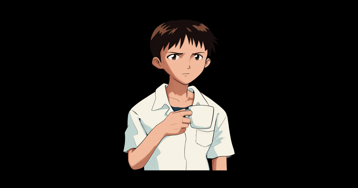 Shinji Holding a Mug HD 90s grain Texture Restored image Neon Genesis ...