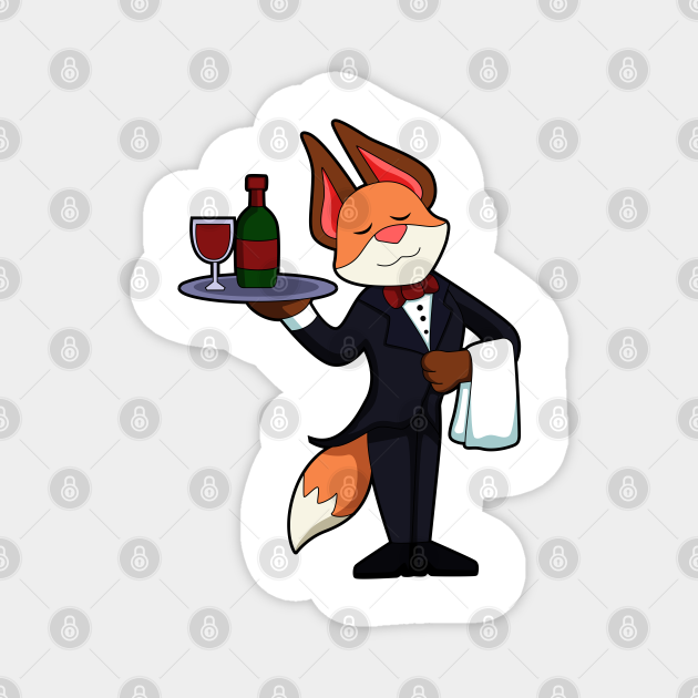 Fox as Waiter with Platter and Red wine - Wine - Magnet | TeePublic