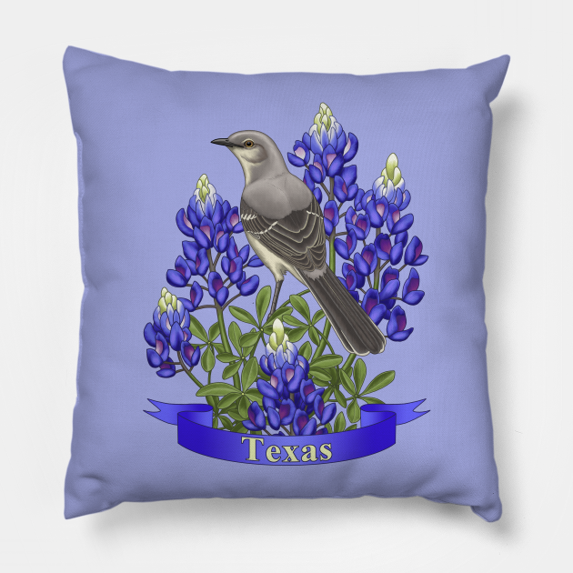 Texas State Mockingbird and Bluebonnet Flower - Texas - Pillow | TeePublic