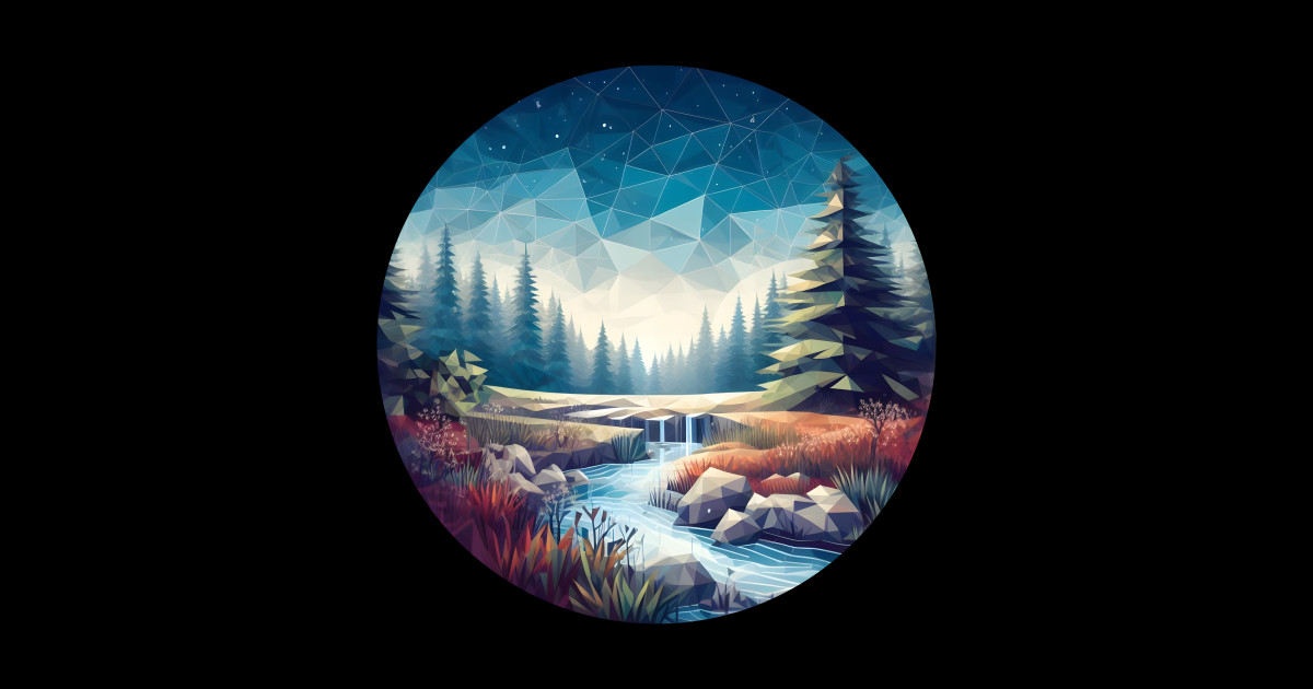 Low Poly Night Forest with River - Night Forest - Sticker | TeePublic