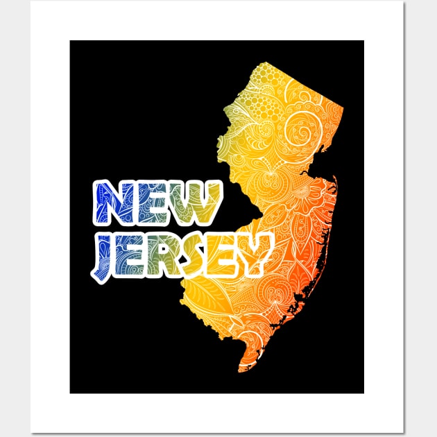Colorful mandala art map of New Jersey with text in blue, yellow, and ...