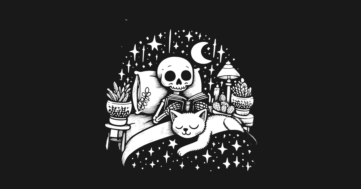 Cute Skeleton Reading a book with cat, Spooky Reading - Skeleton ...
