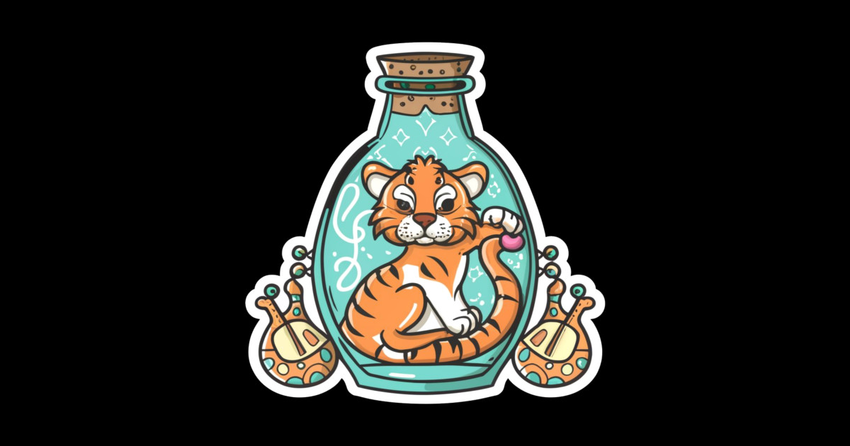 Cute Baby Tiger in a Genie Bottle art - Cute Cat Lover - Sticker ...