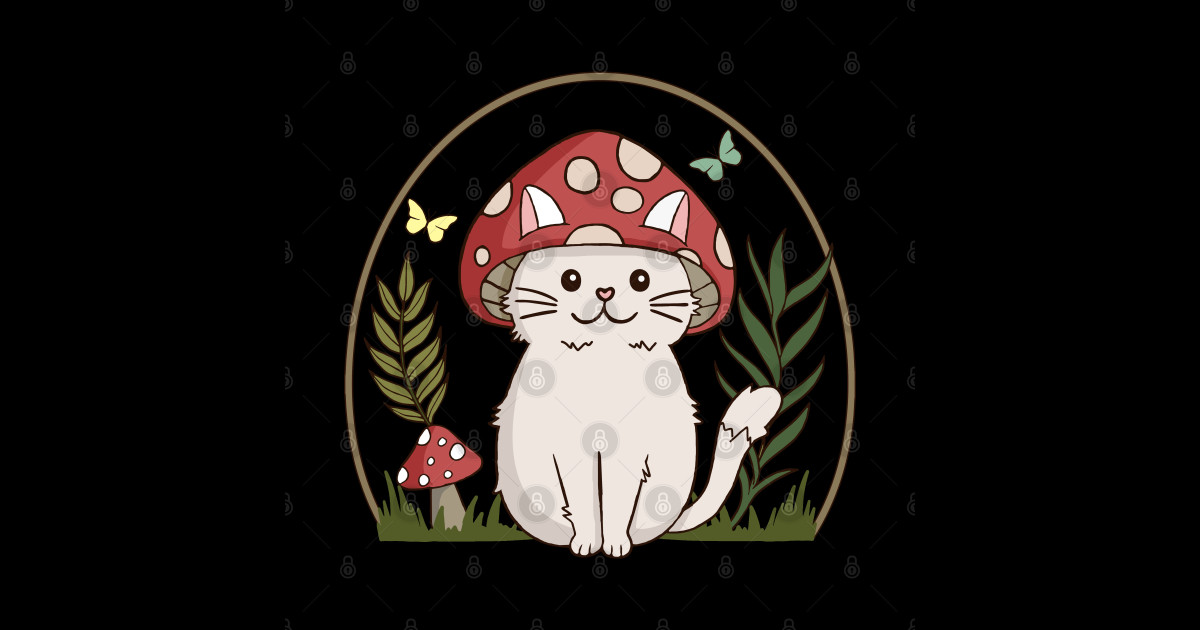 Cute Cat Cottagecore Aesthetic Cat Mushroom Hat - Cottagecore - Posters ...