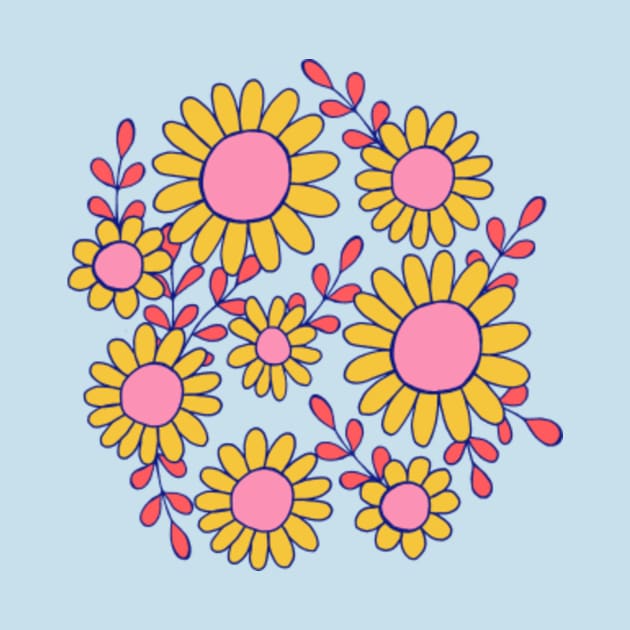 Retro 70s daisy flowers botanical design in blue, pink and yellow ...