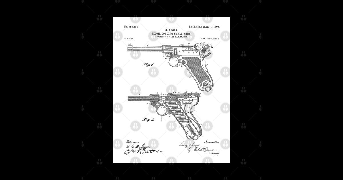 Luger Pistol Firearms Patent - Gun Lover Vintage Guns Art - White ...