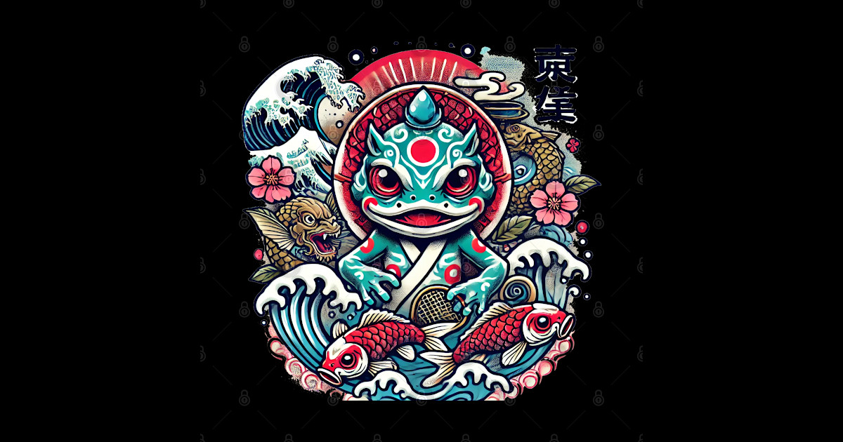 Mythical Kappa with Koi Fish and Japanese Waves Illustration - Kappa ...