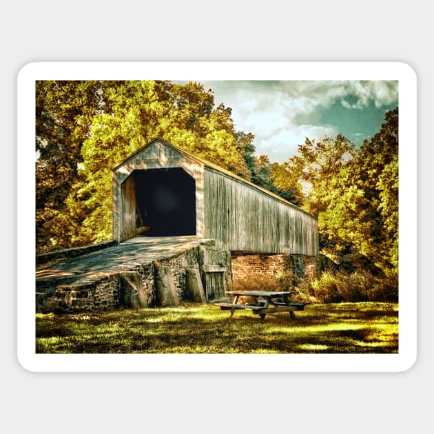 Covered Bridge Fall Scene - Covered Bridge - Sticker | TeePublic