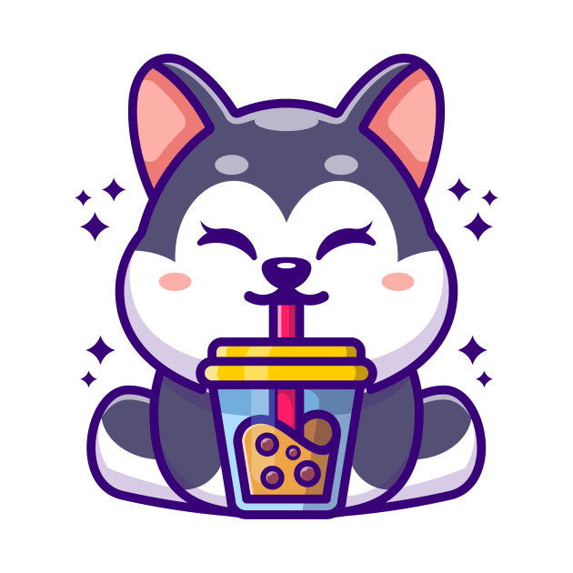 Cute husky drinking boba milk tea cartoon - Cartoon - T-Shirt | TeePublic
