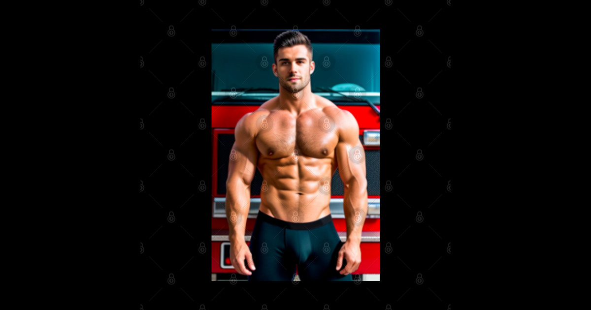 Firefighter Bodybuilder in Black Trunks - Male Body - Sticker | TeePublic