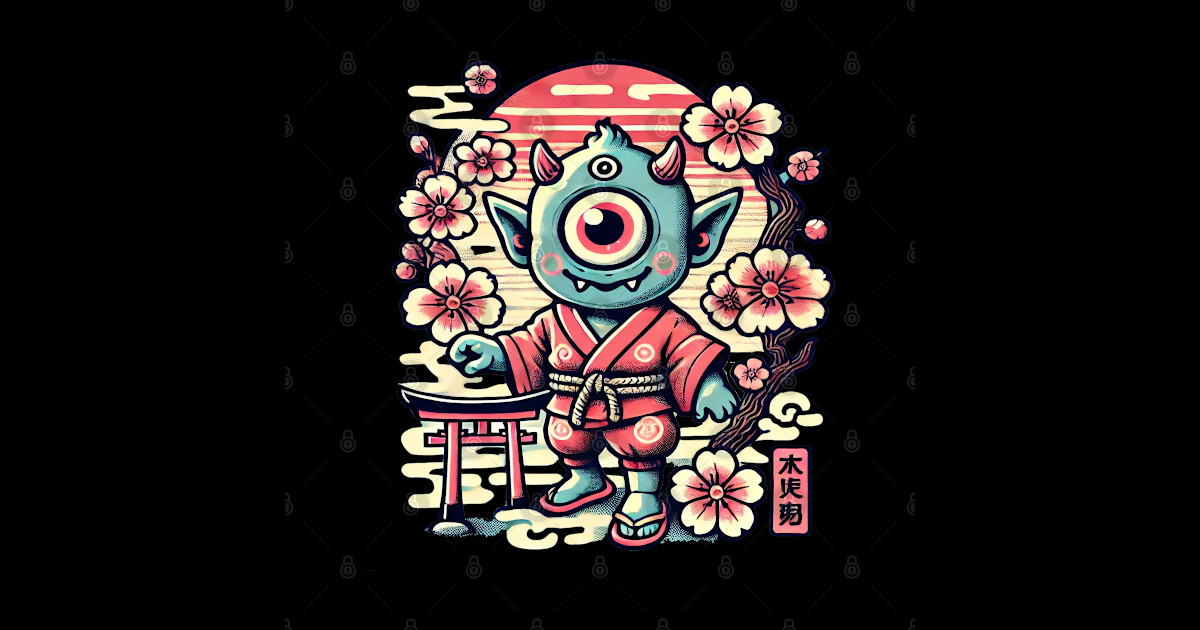 Adorable Yokai Cyclops in Traditional Japanese Kimono with Cherry ...