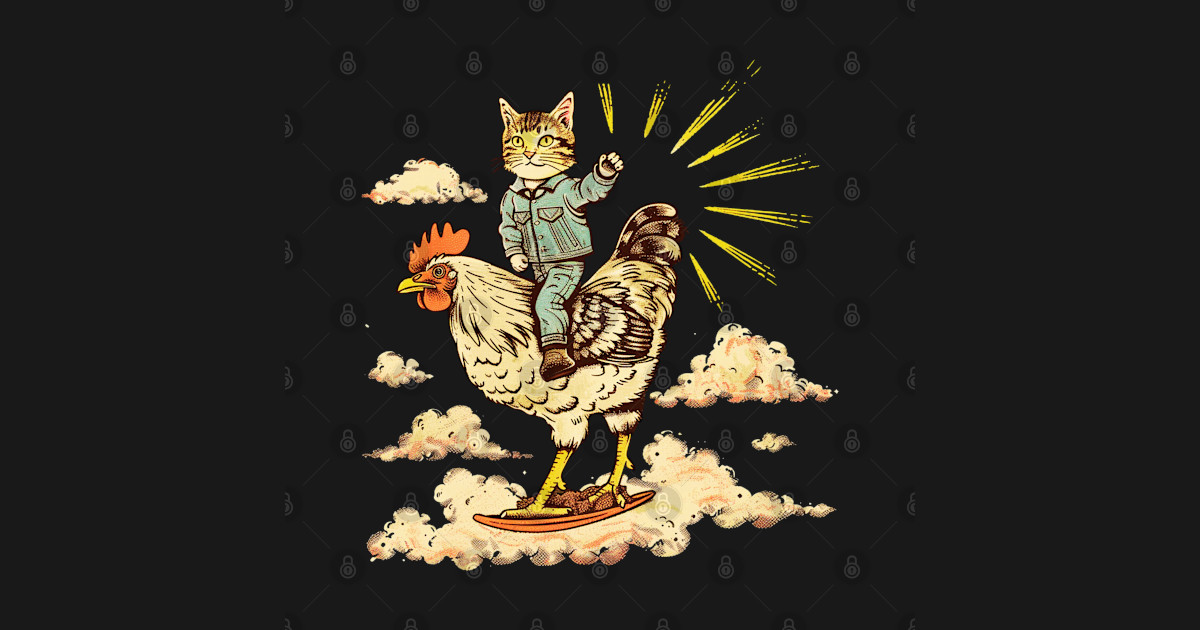 Funny Cat Riding a Chicken - Funny Cat - T-Shirt | TeePublic
