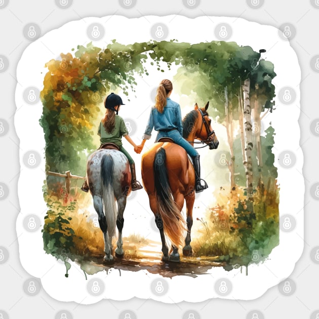 Mother and daughter - Watercolor Horse riding - Horse Riding - Sticker ...