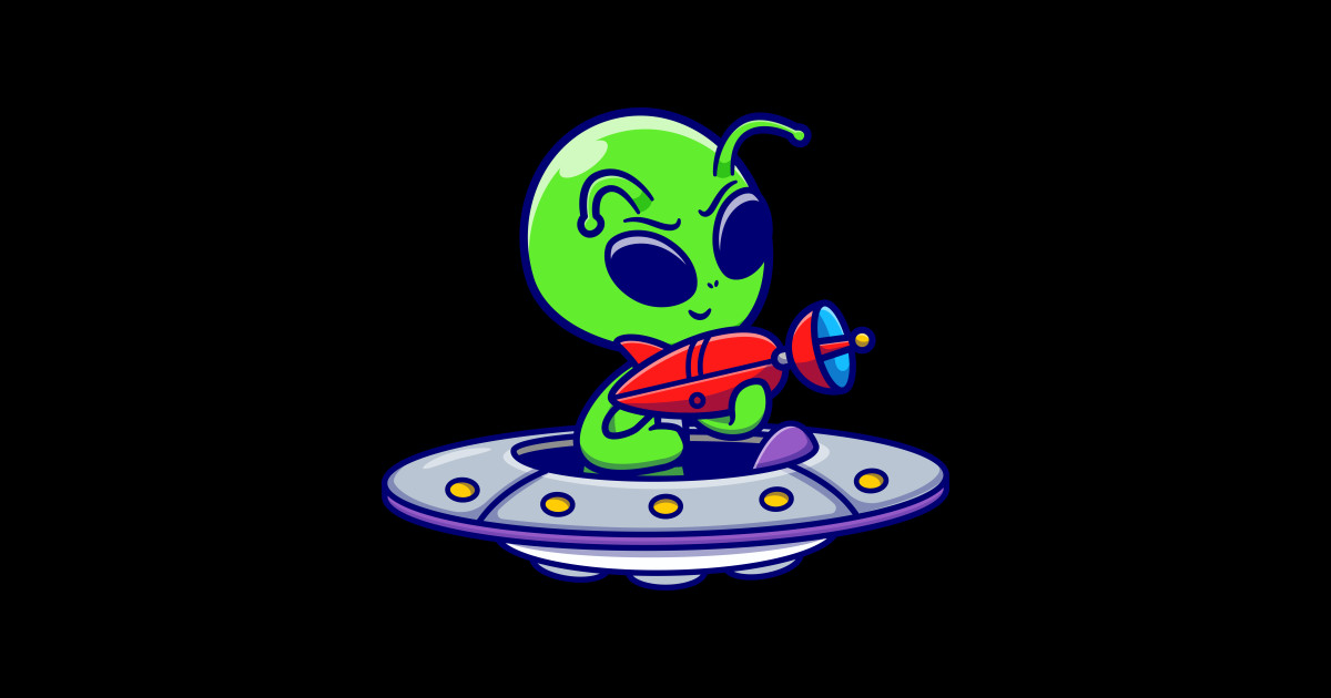 Cute Alien Holding Gun On UFO Spaceship Cartoon - Cute Alien Holding ...