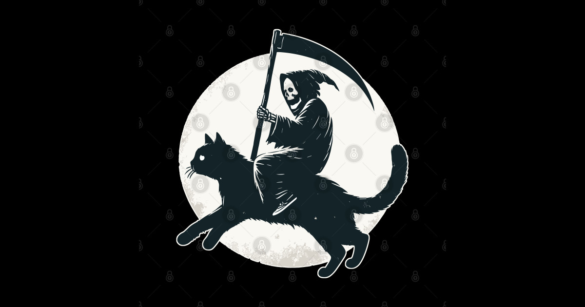 Grim Reaper Riding on Black Cat - Grim Reaper Funny - Sticker | TeePublic