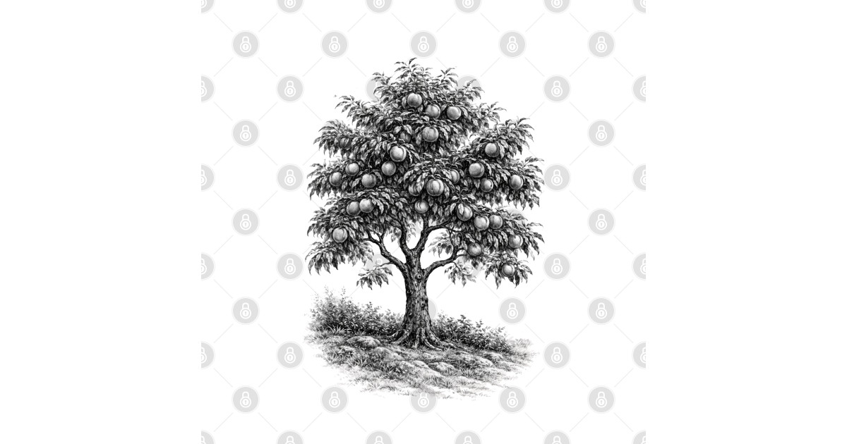 Peach Tree with Fruit – Detailed Monochrome Botanical Illustration ...