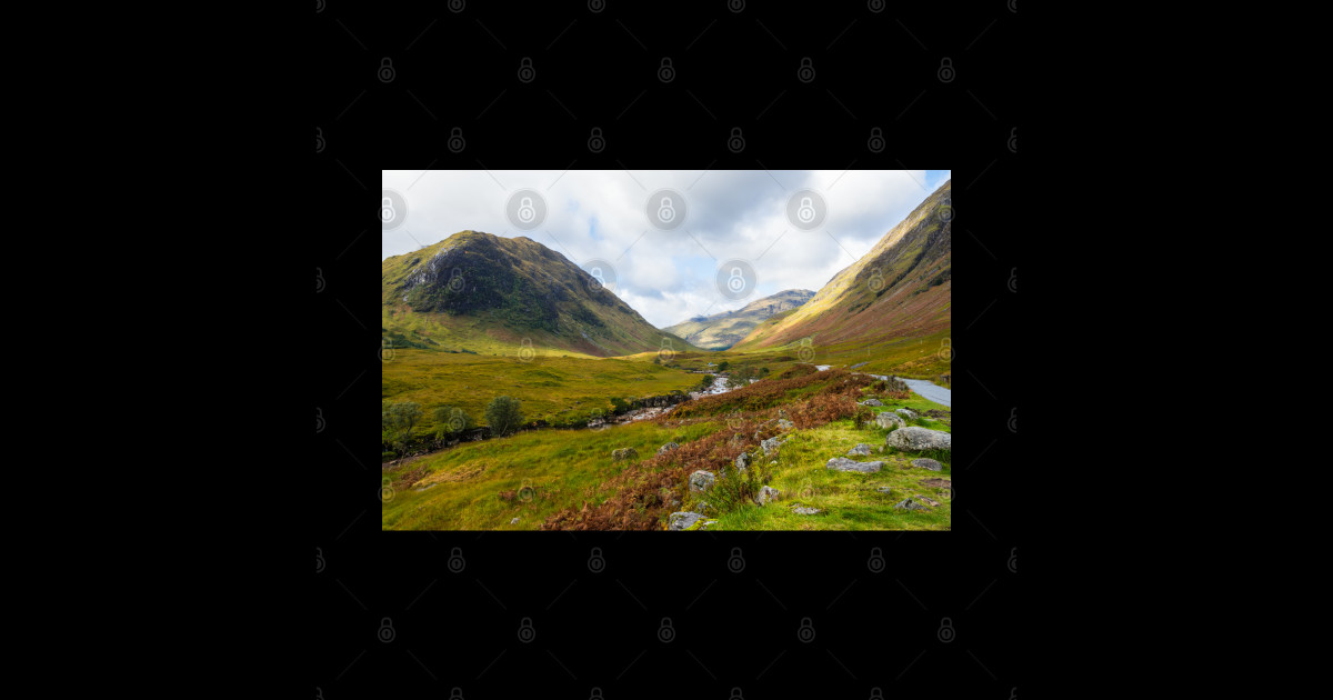 Wide view on Glen Etive and the River Etive in the Highlands of ...