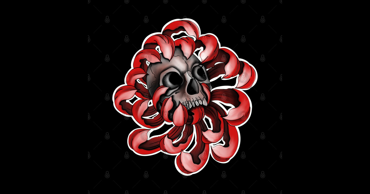Scull in Red Flower - Scull - Sticker | TeePublic