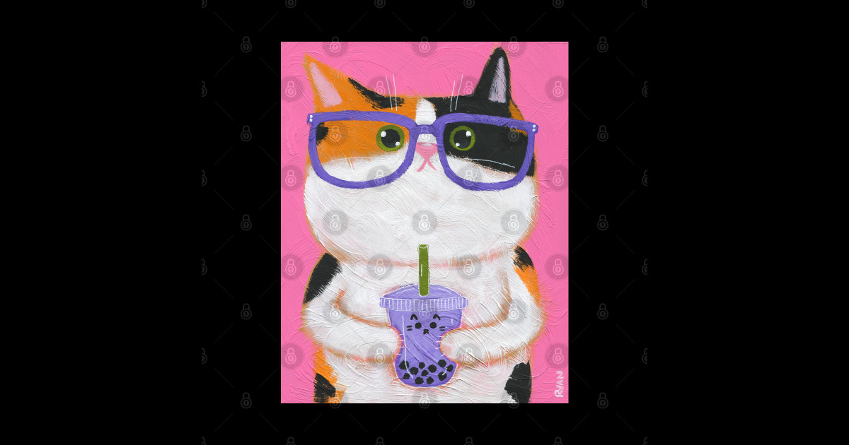 Calico Cat With Taro Boba - Cat - Sticker | TeePublic