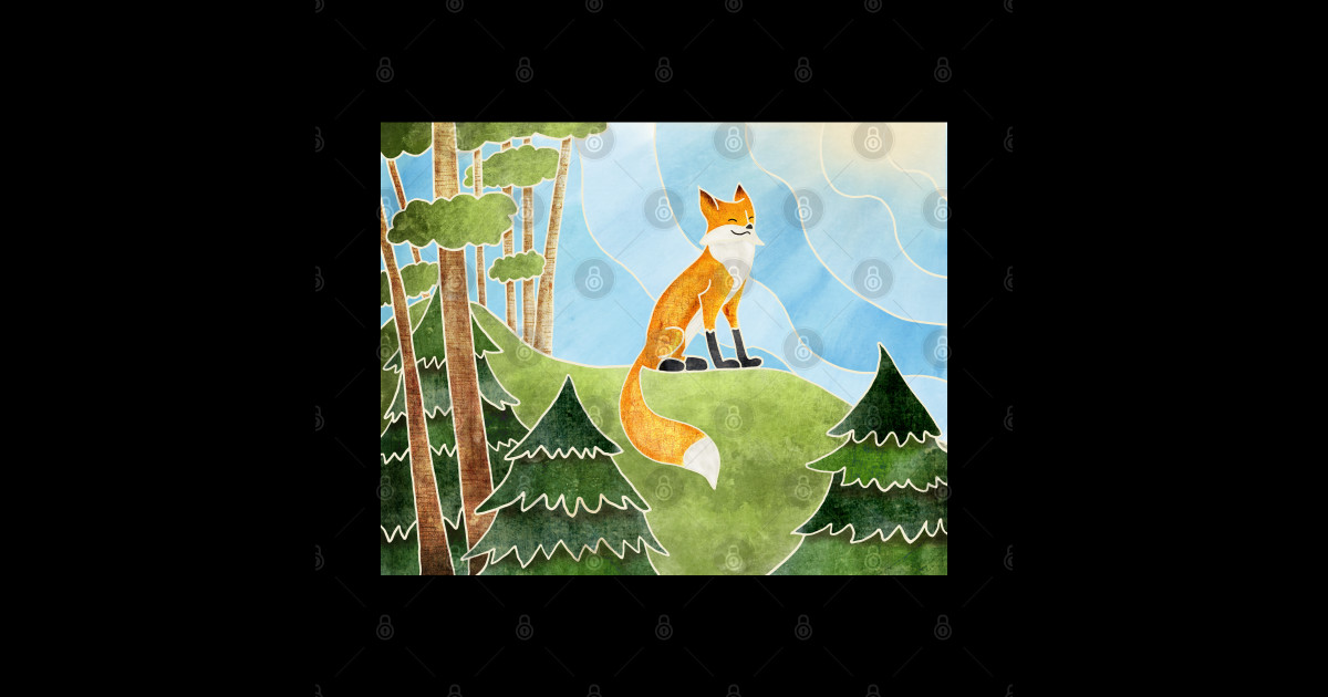 Cute Fox Smiling on a Hill in the Sun, Batik silk painting style ...