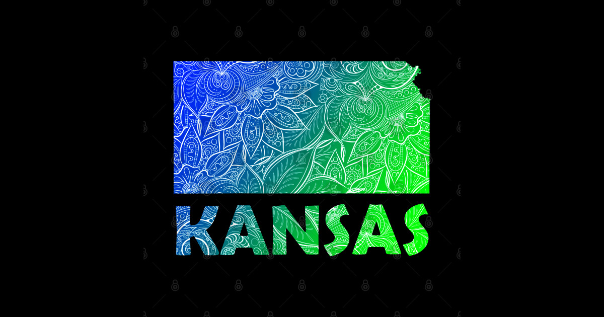Colorful mandala art map of Kansas with text in blue and green - Kansas ...