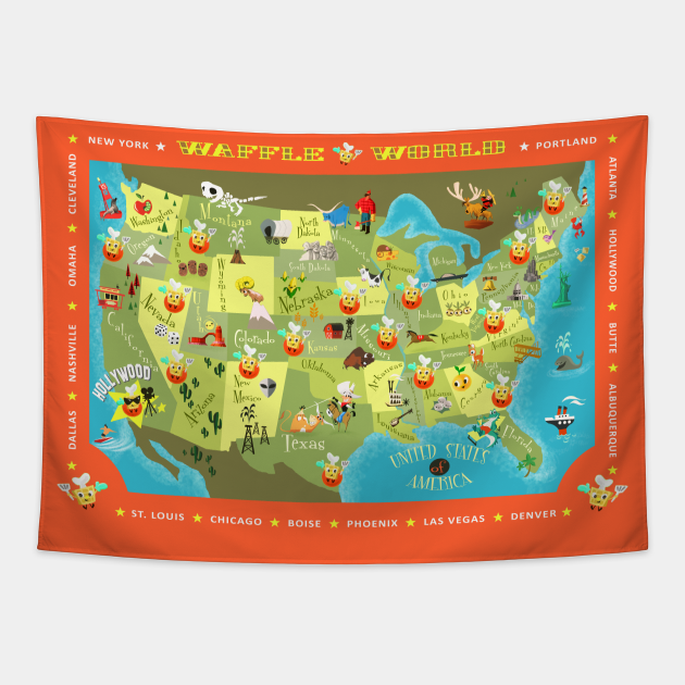 Waffle World Map - Bolt - Tapestry | TeePublic