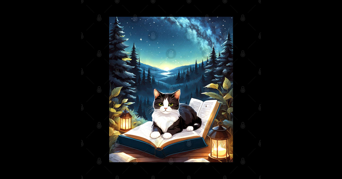 Cat Reading Under the Stars, Graphic Design With Animals - Animals Cat ...