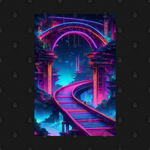 Neon bridge in cyberpunk aesthetic - Neon Cityscape - T-Shirt | TeePublic