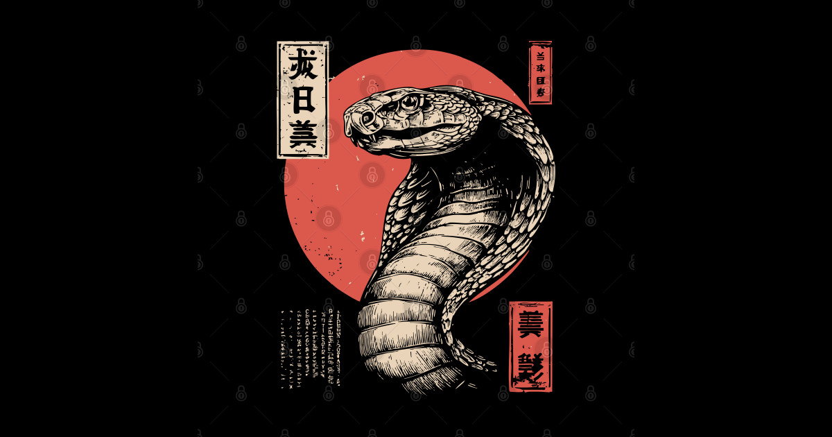 Coiled Cobra Beneath Crimson Japanese Sun - Cobra Snake - Sticker ...