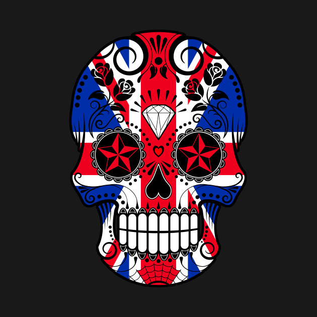 Union Jack British Flag Sugar Skull with Roses - British Flag - T-Shirt ...