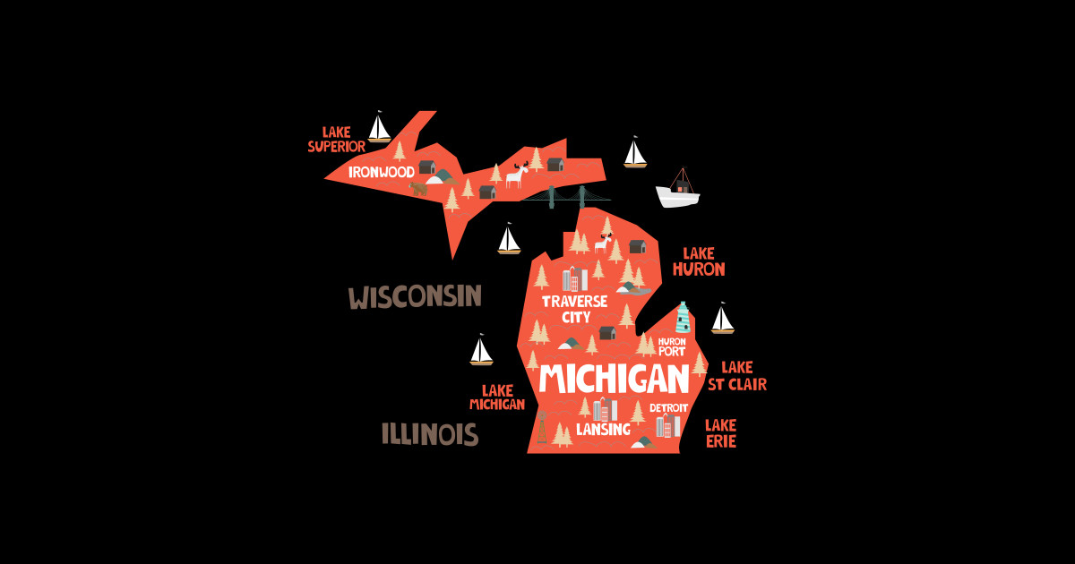 Michigan Illustrated Map - Michigan - Magnet | TeePublic