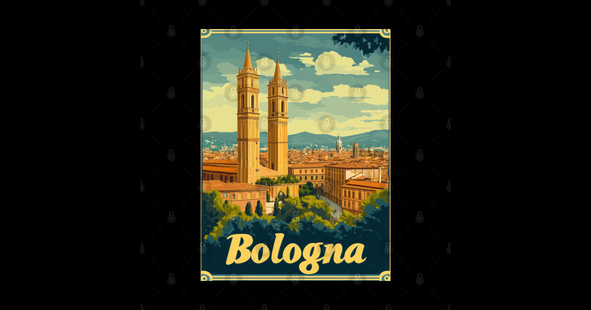 This vintage travel poster highlights Bolognas iconic towers and ...