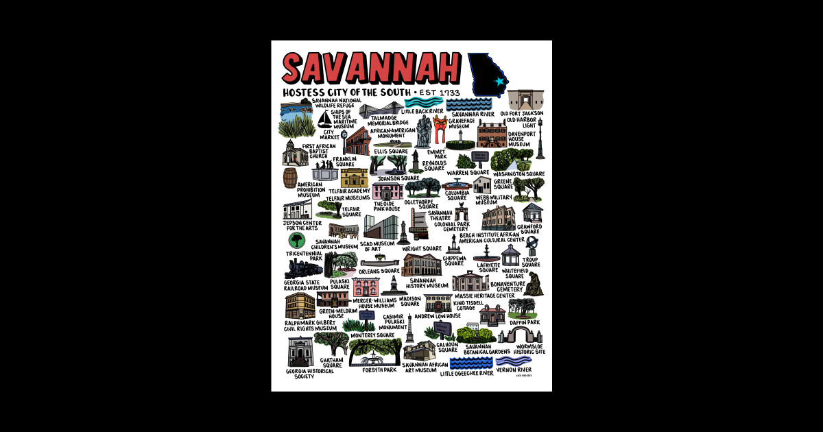 Savannah Georgia Map Art - Savannah - Sticker | TeePublic