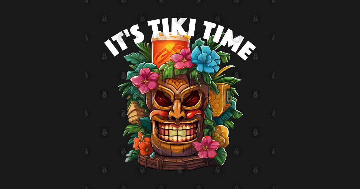 It's Tiki Time Design, with White Lettering - Tiki Mask - T-Shirt ...